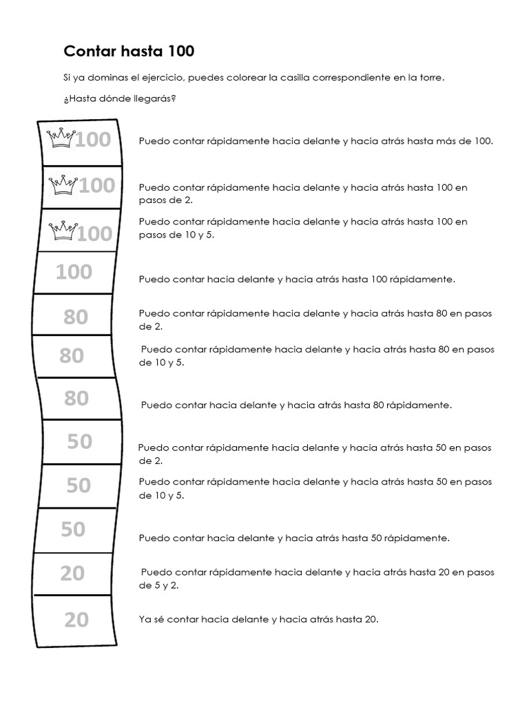 Contar hasta 100: Ejercicios de Matemáticas | PDF