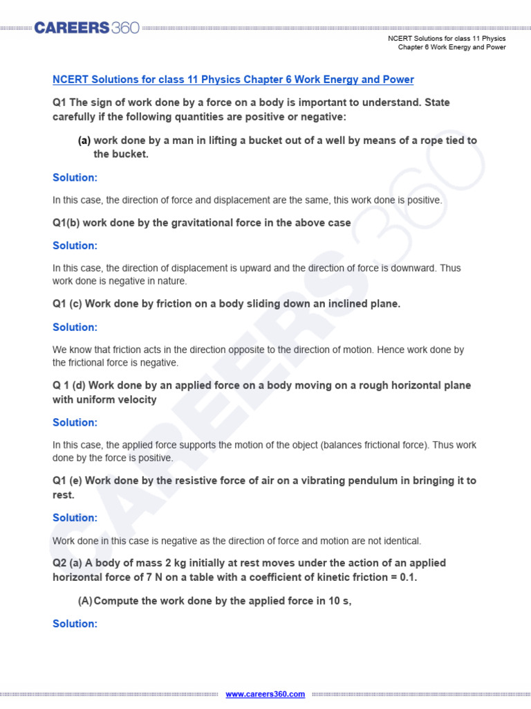 NCERT Solutions For Class 11 Physics Chapter 6 Work Energy and Power ...