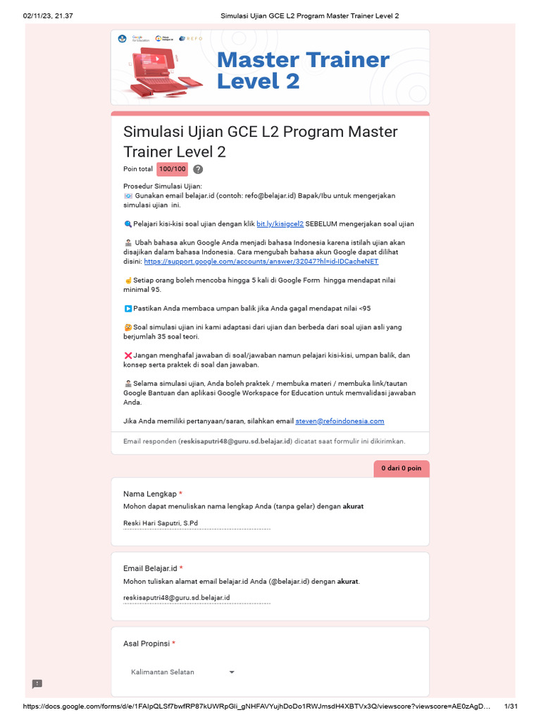 Simulasi Ujian GCE L2 Program Master Trainer Level 2 | PDF