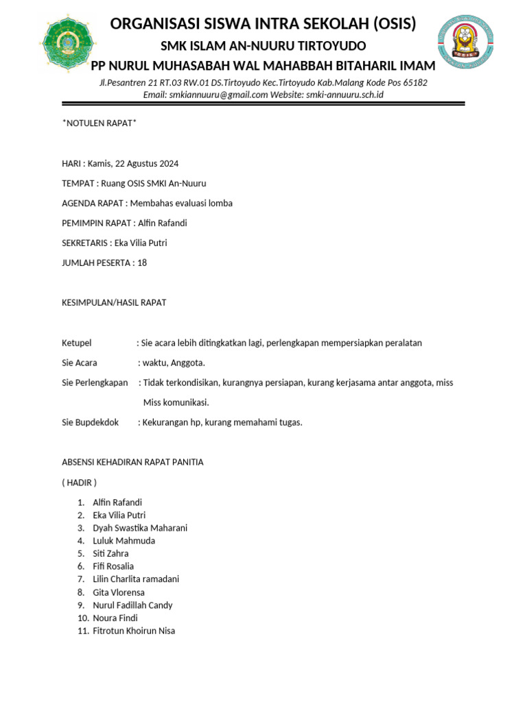 Notulen Rapat OSIS SMK Islam An-Nuuru | PDF
