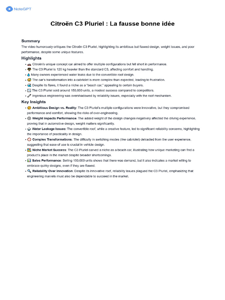 Summary - Citroën C3 Pluriel - La Fausse Bonne Idée | PDF