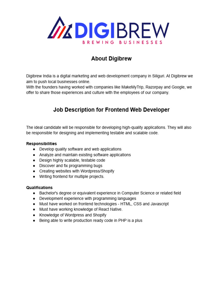 JD Frontend Web Developer PDF | PDF