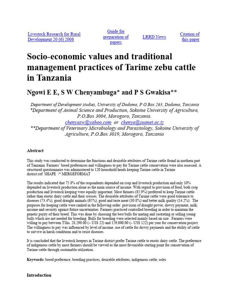 Tarime Cattle: Socio-Economic Insights | PDF | Cattle | Agriculture