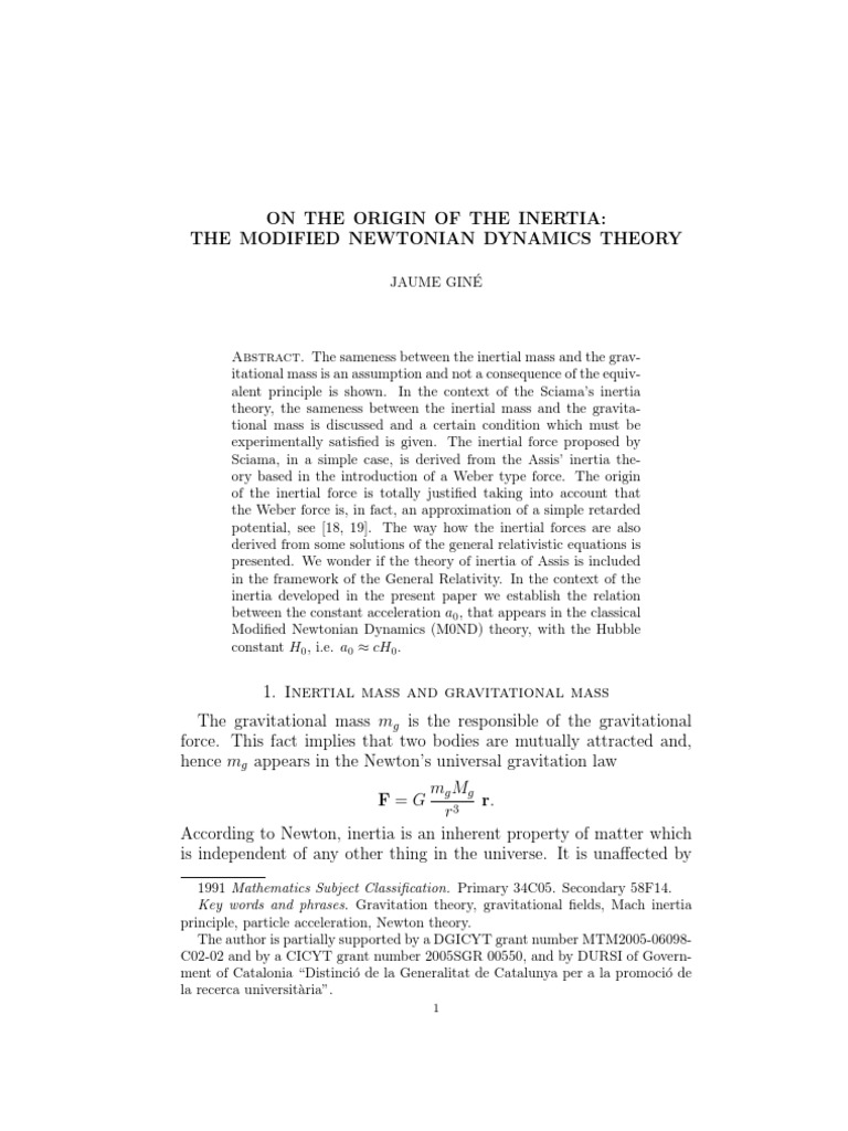 Jaume Gine - On The Origin of The Inertia: The Modified Newtonian Dynamics Theory | PDF ...