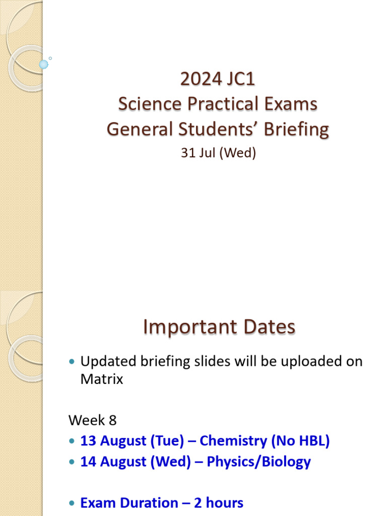 2024 JC1 Science Practical Exams Students Briefing - 31.7.24 | PDF