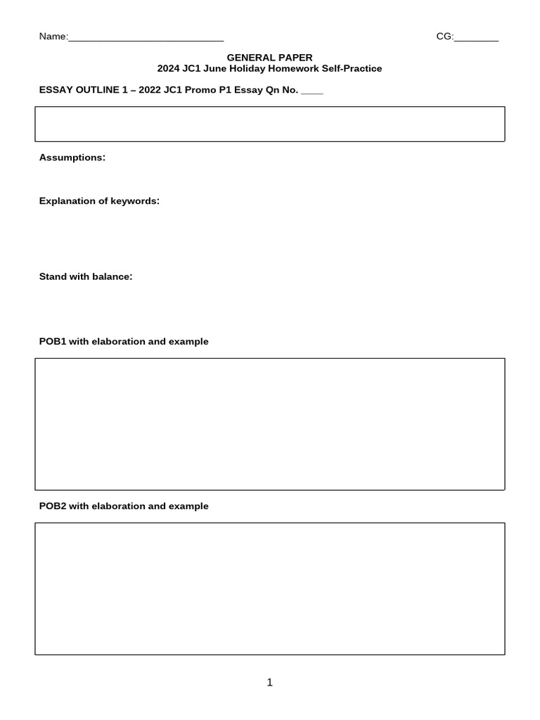 2024 - jc1 June Holiday Homework - Essay Outline Template | PDF
