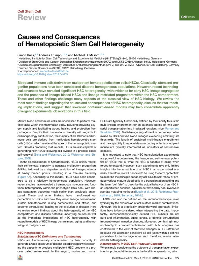 Causes and Consequences of Hematopoietic Stem Cell Heterogeneity | PDF ...