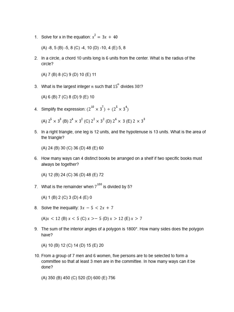 AMC 10 Practice Test For Math Club | PDF