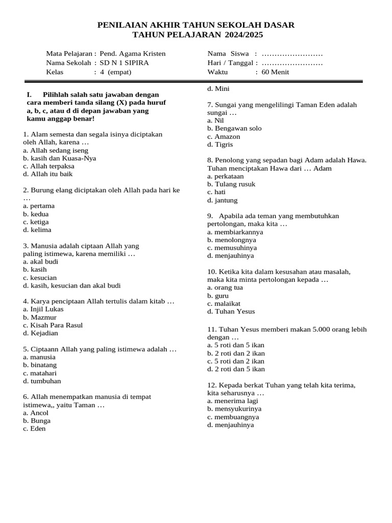 Ujian Agama Kristen Kelas 4 | PDF