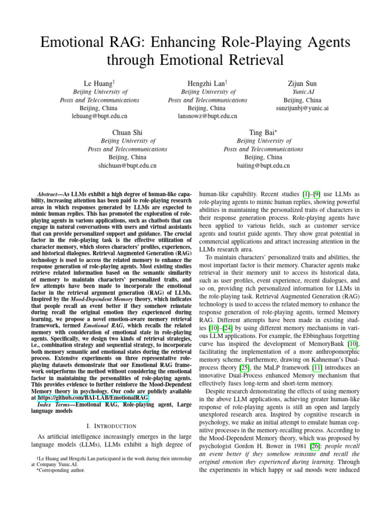 Emotional RAG Enhancing Role-Playing Agents Through Emotional Retrieval | PDF | Memory | Emotions