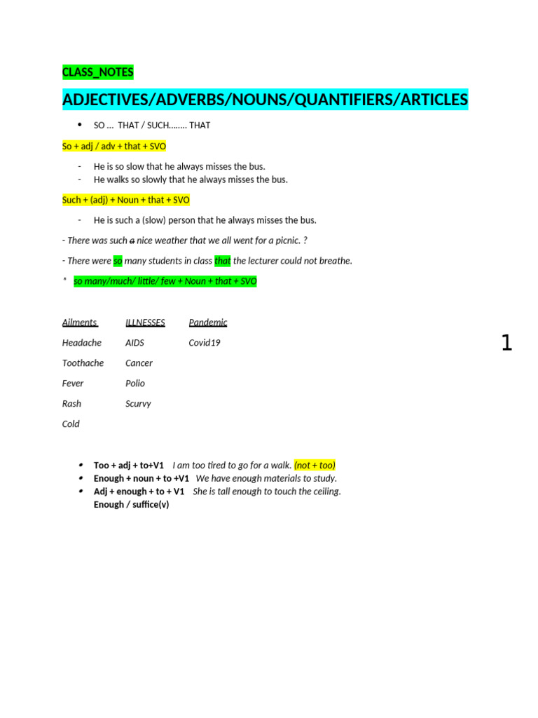 Class Notes Adjectives Adverbs Nouns Quantifiers Articles | PDF ...