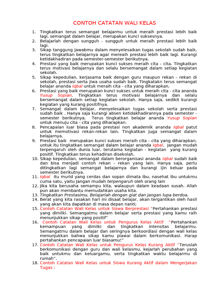 Contoh Catatan Wali Kelas | PDF | Karier & Perkembangan | Pengembangan Diri
