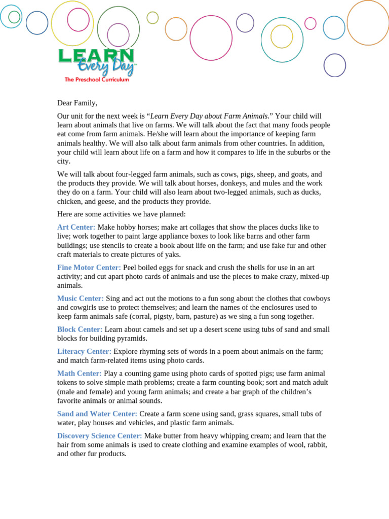 Unit 35 About Farm Animals Parent Letter | PDF | Livestock | Farms