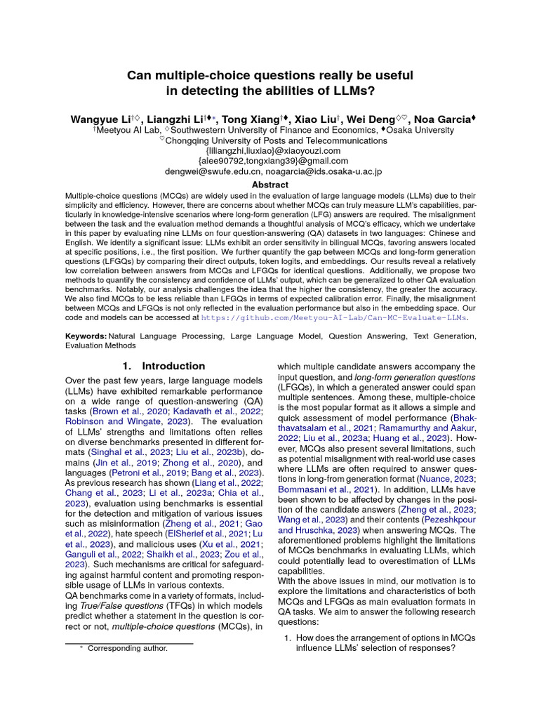 Can Multiple-Choice Questions Really Be Useful in Detecting The Abilities of LLMs | PDF ...