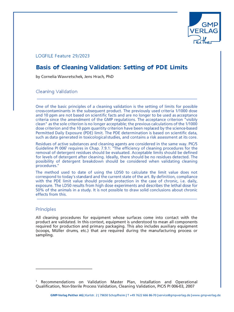Basis of Cleaning Validation - Setting of PDE Limits | PDF