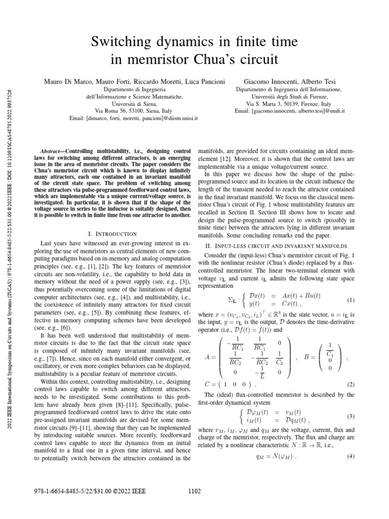 Switching Dynamics in Finite Time in Memristor Chuas Circuit | PDF | Attractor | Electronic Circuits