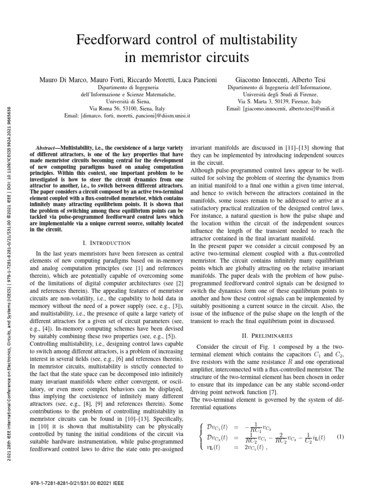 Feedforward Control of Multistability in Memristor Circuits | PDF | Attractor | Electrical Network