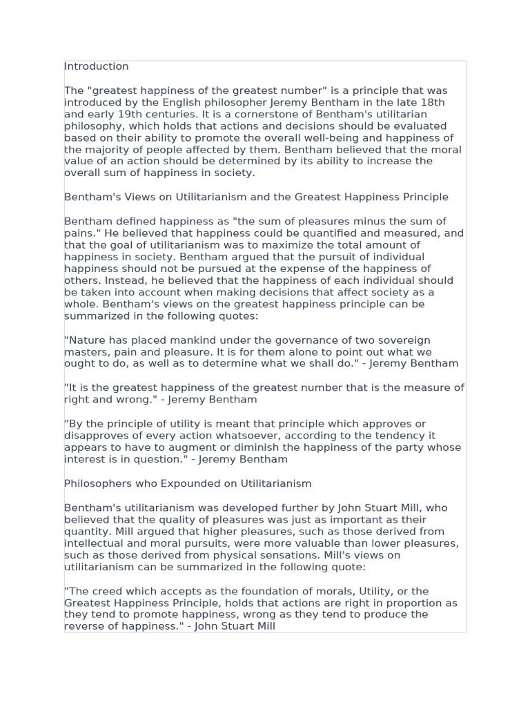 Bentham's Greatest Happiness Principle | PDF | Utilitarianism | John ...
