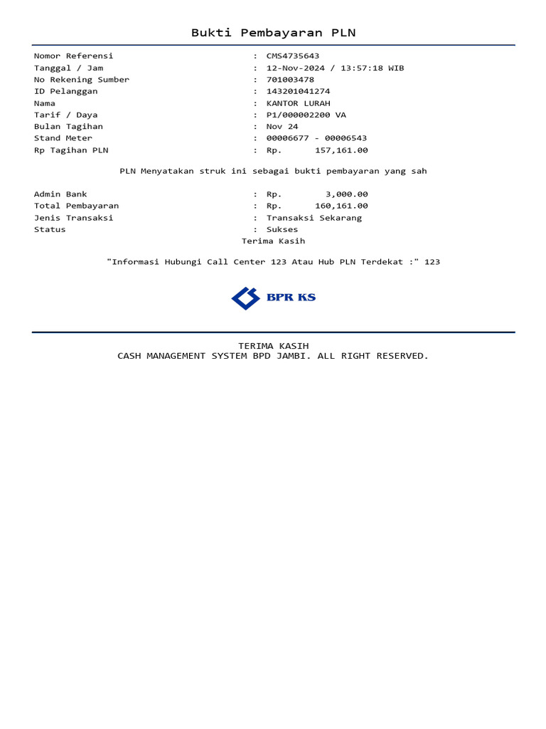 Bukti Pembayaran PLN Jelmu | PDF