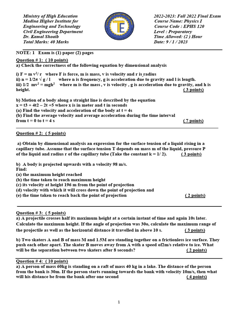 Physics I Fall 2022 Final Exam Questions | PDF | Acceleration | Polymers