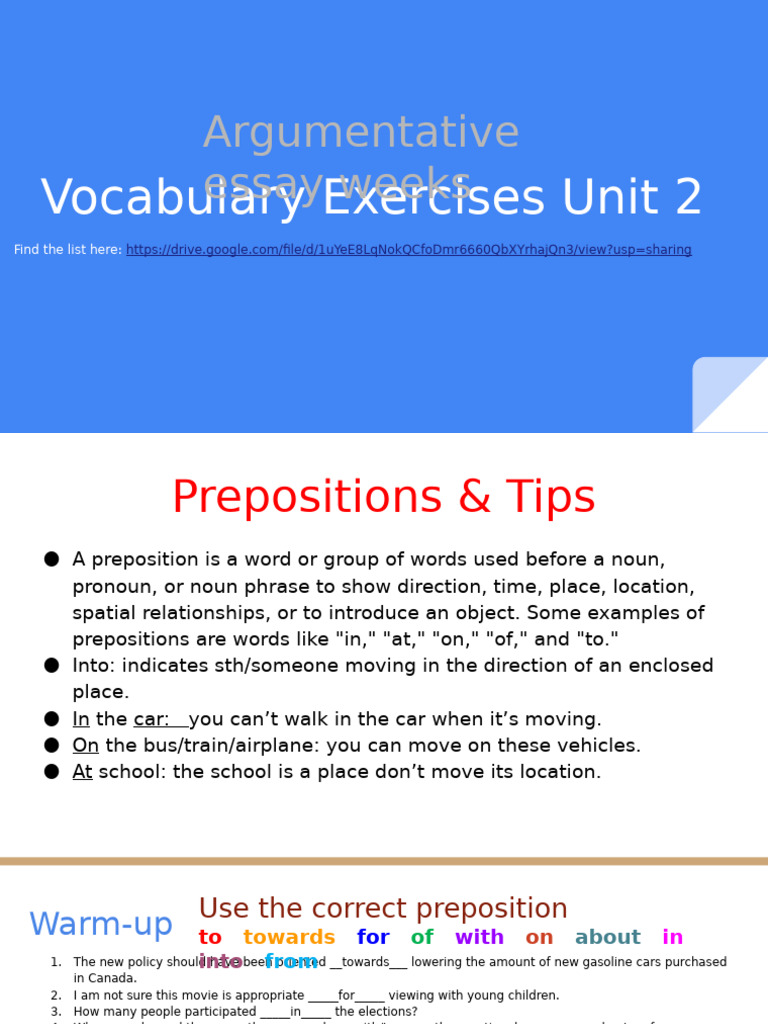 Unit 2 Vocabulary Exercises | PDF | Preposition And Postposition ...