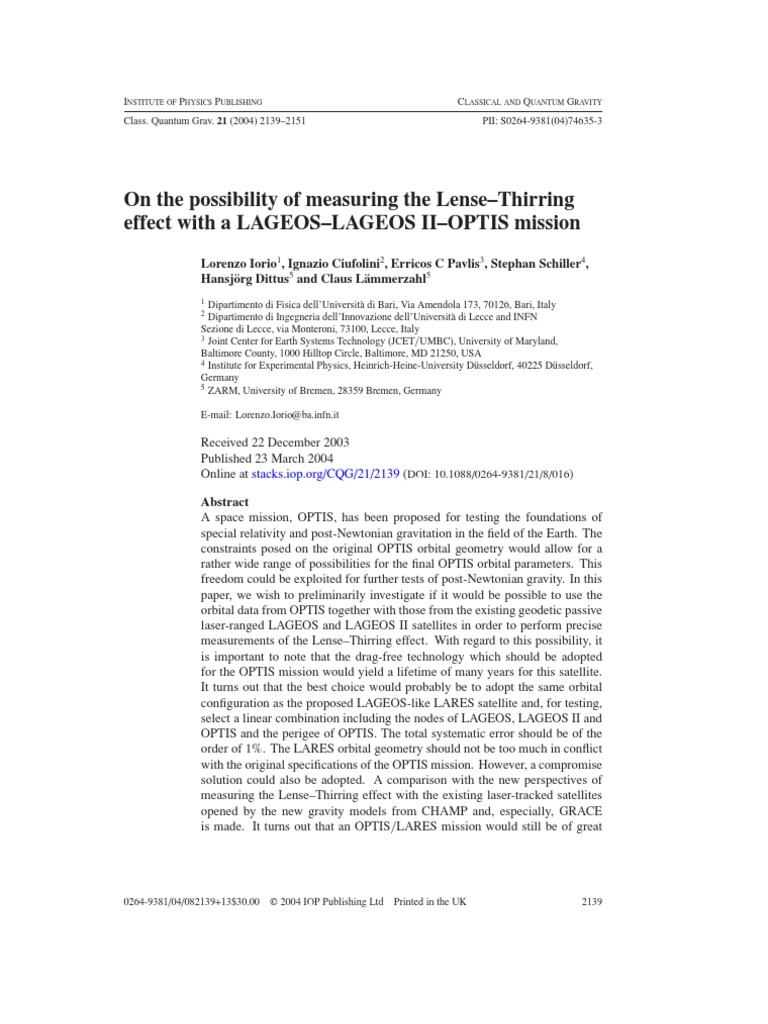 Lorenzo Iorio Et Al - On The Possibility of Measuring The Lense ...
