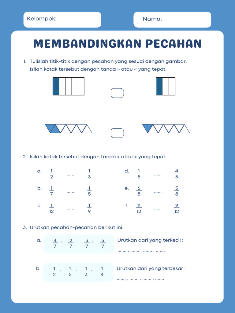 Membandingkan Pecahan Matematika Lembar Kerja Numerasi Sekolah Dasar ...