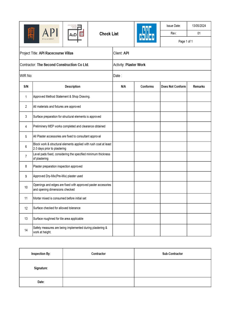 MEP Plaster Work Checklist | PDF