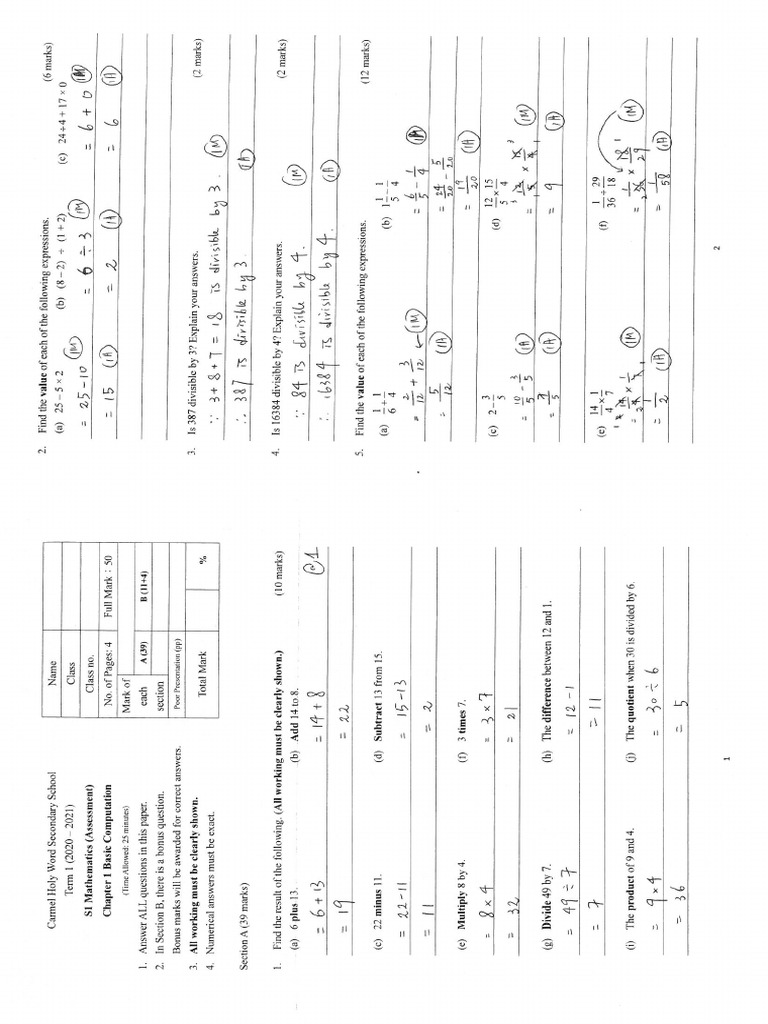 20-21 CH 1 Basic Computation Assessment Solutions | PDF
