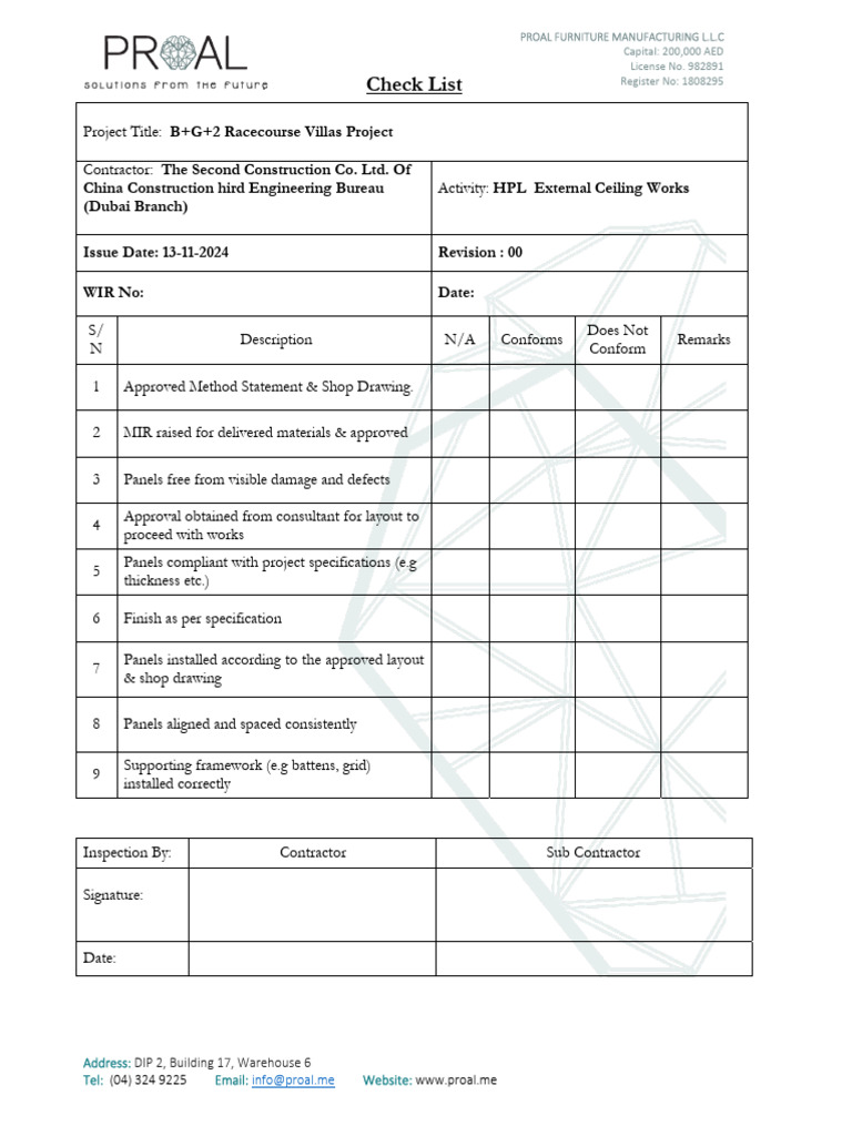 Checklist For External Ceiling Work (R-00) | PDF