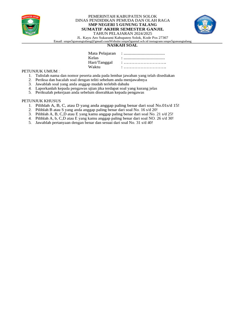 Kop Soal Sumatif Semester Ganjil TP 20242025 | PDF