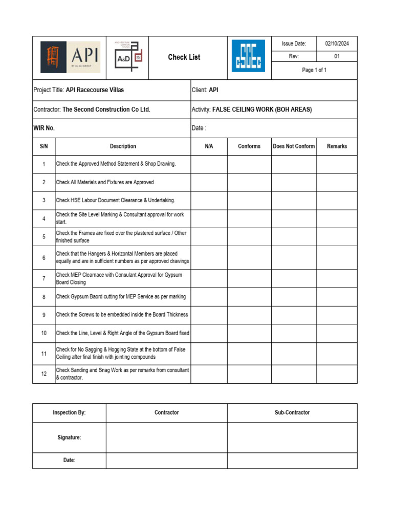 Checklist-False Celing-NS-MSS-A-003-R-01 | PDF