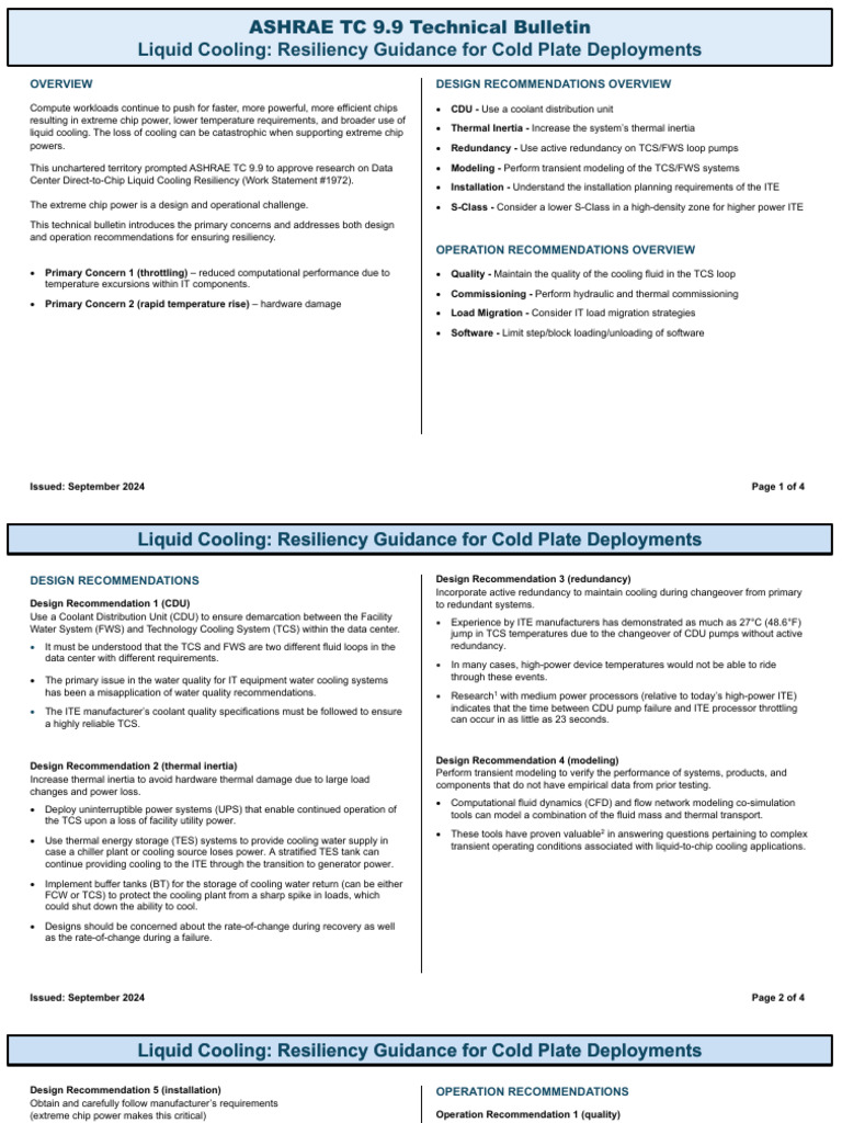 ASHRAE TC0909 Technical Bulletin Liquid Cooling Resiliency Guidance ...