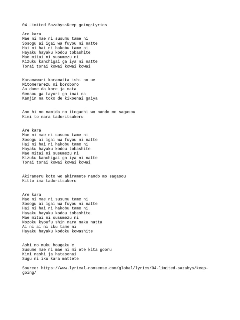 04 Limited Sazabys "Keep Going" Lyrics | PDF | Language Arts & Discipline