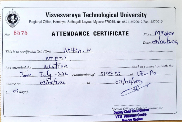 VTU Attendance Certificate Template | PDF