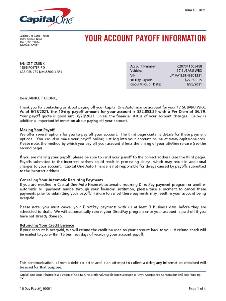 Payoff Letter - 2021-06-18 | PDF | Capital One | Banks