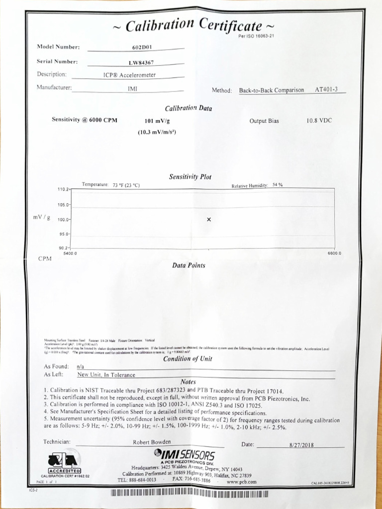 Accelerometer Calibration Certificate | PDF | Calibration | Metrology