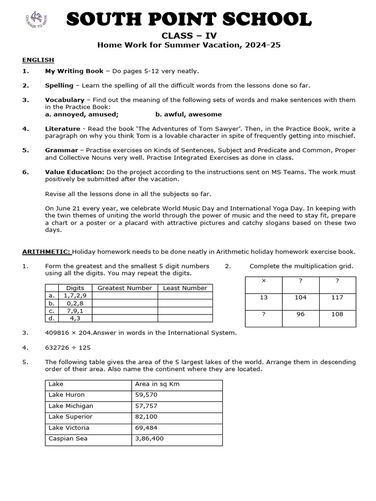 Class 4 - Summer Holiday Homework - 2024-25 | PDF
