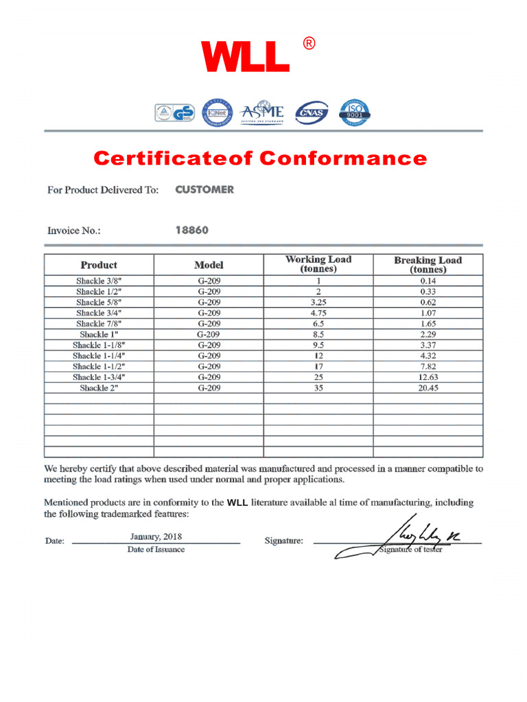 Certificado Grillete WLL | PDF