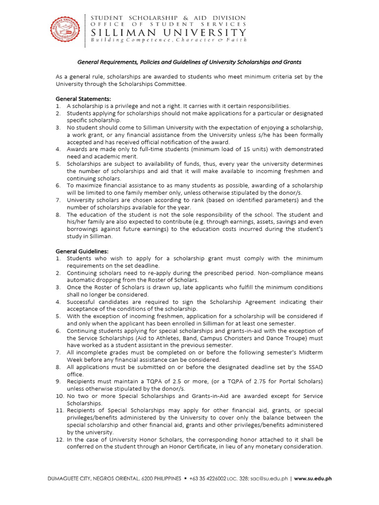 General Requirements Policies and Guidelines of University Scholarships and Grants 2 | PDF ...
