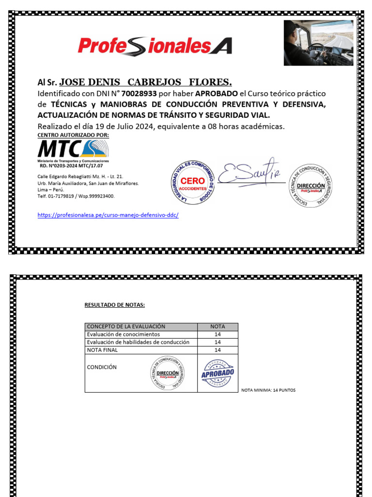 Certificado Manejo Defensivo - Emp Onasa | PDF