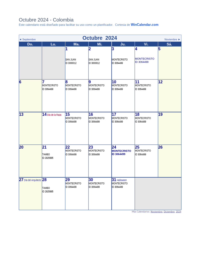 Calendario Octubre 2024 | PDF