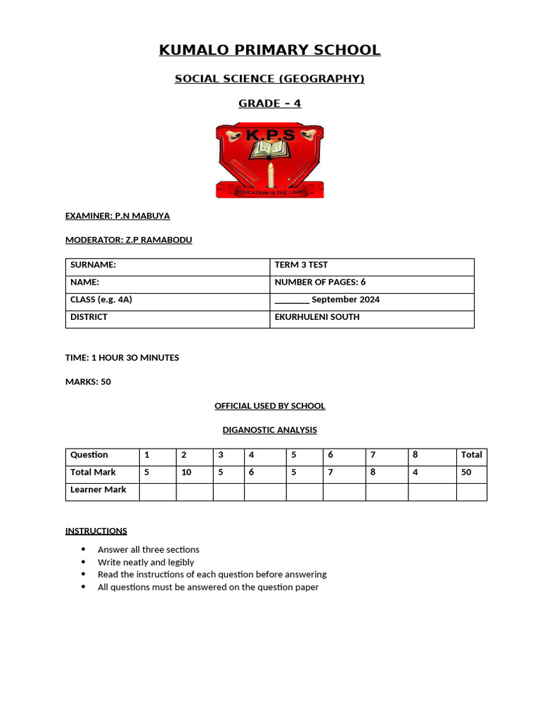 Grade 4 Geography Term 3 Test | PDF