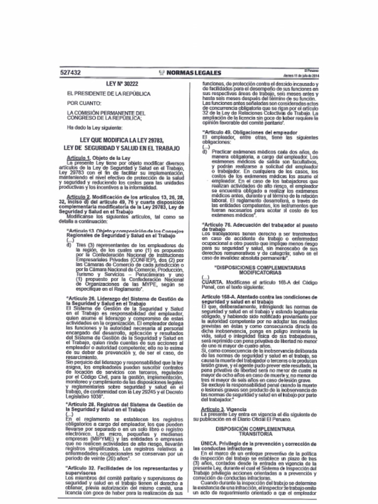 Modificatorias de Ley #29783, Ley SST. | PDF