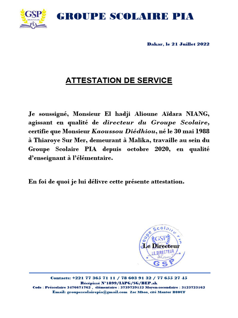 Attestation de Service Enseignant | PDF