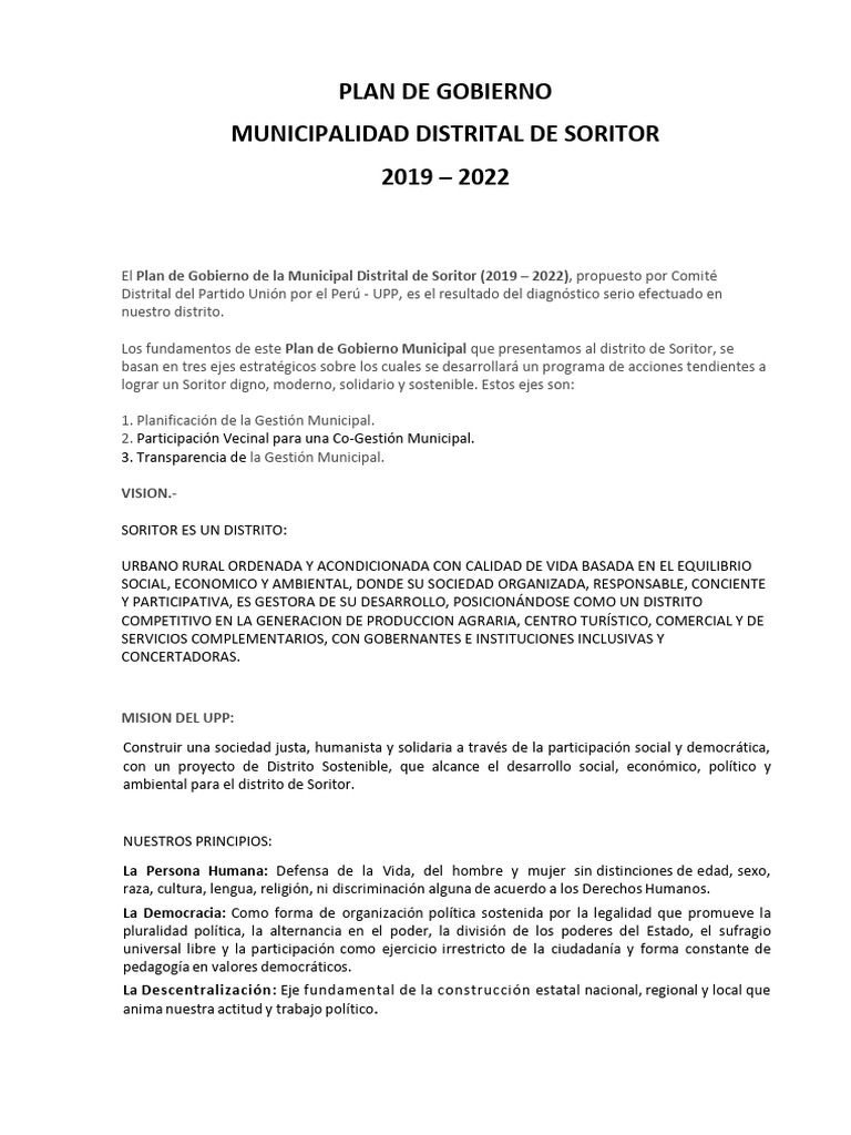 Plan de Gobierno Soritor 2019-2022 | PDF | Democracia | Ideologías ...