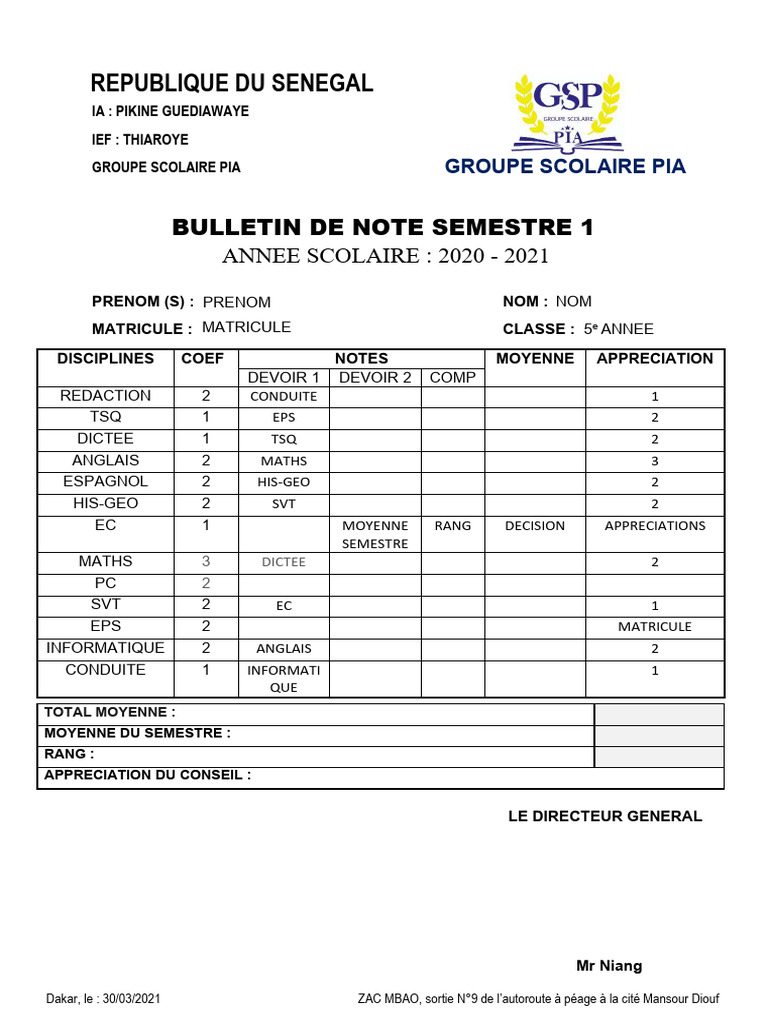 Bulletin de notes 5e année Sénégal | PDF