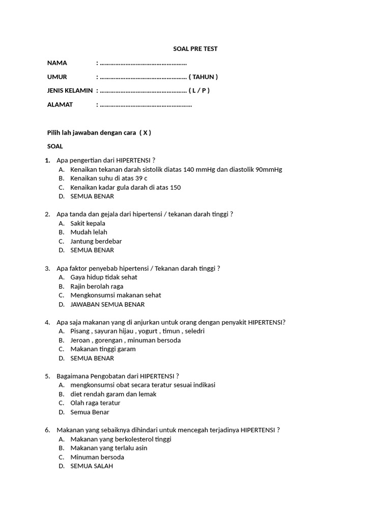 Pre Test Hipertensi dan Penanganannya | PDF