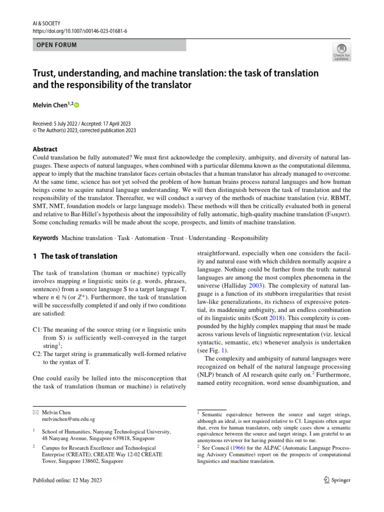 AI & SOCIETY-Trust, Understanding, and Machine Translation - The Task of Translation and The ...