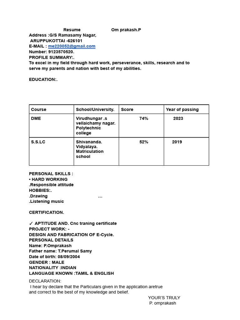 Om Prakash Resume: DME Graduate 2023 | PDF | Career & Growth